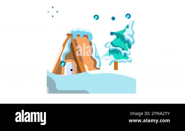 Snowstorm with house and tree animated icon. Seamless looping video ...
