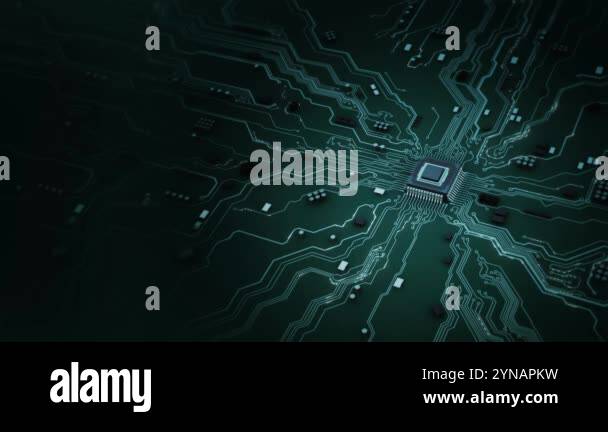 Digital pulses 3D animation of digital chip Central Computer Processors CPU. Motherboard ...