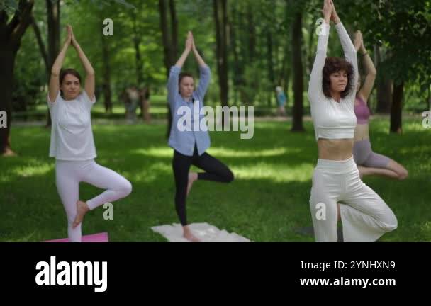 A yoga student practices the Warrior II pose during a serene outdoor session in a lush park. The ...