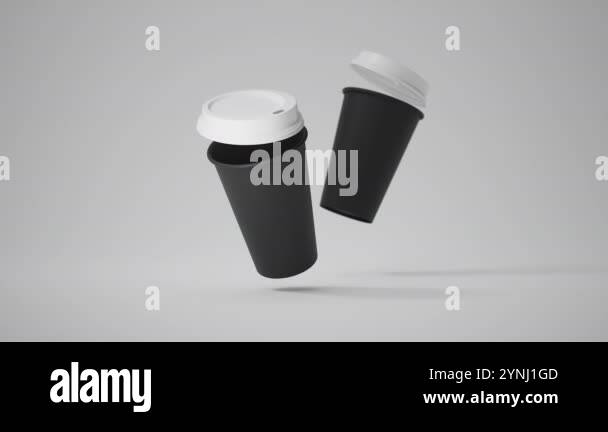 Two Minimalist Black Blank Paper Coffee Cup floating above white ...