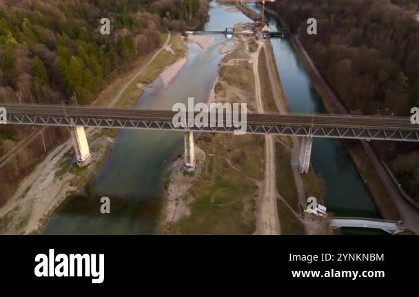 Grosshesseloher Brucke on Isar River in Munich, Germany aerial view ...