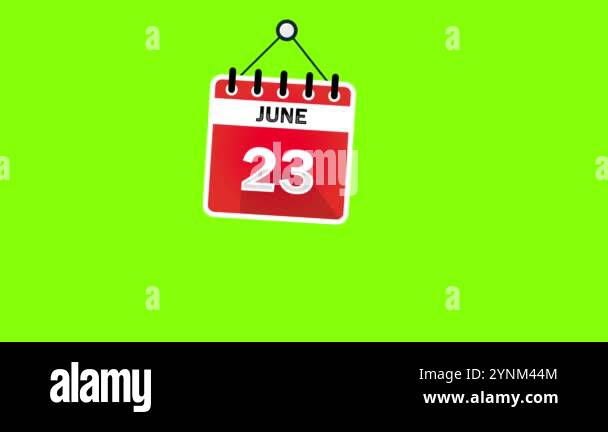 June 23 Calendar Sign on green screen background, chroma key. Calendar ...