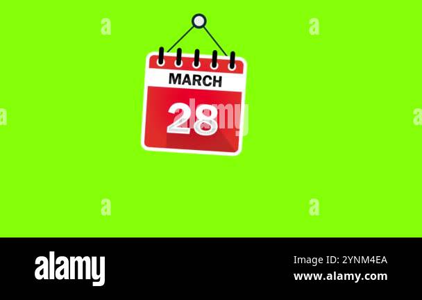 March 28 Calendar Sign on green screen background, chroma key. Calendar ...