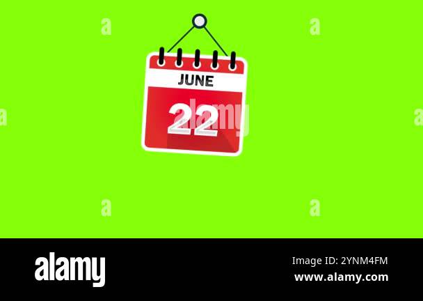 June 22 Calendar Sign on green screen background, chroma key. Calendar ...
