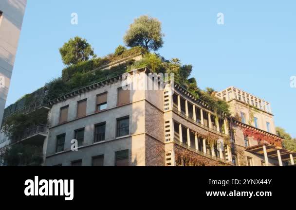 Urban building with lush rooftop garden, featuring trees and greenery ...