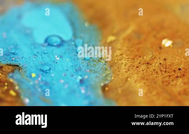 Ink drip. Glitter fluid texture. Defocused blue golden color shiny ...