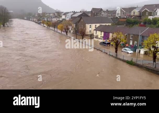 Pontypridd, Wales, UK 24 November 2024: View of the extensive flooding ...
