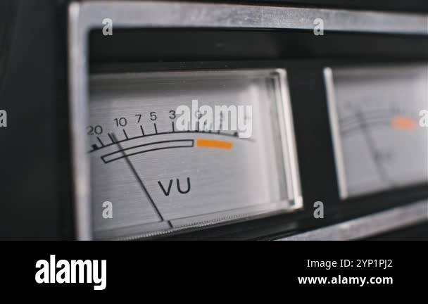Extreme close-up of a classic VU meter. Shows fine details and brushed ...