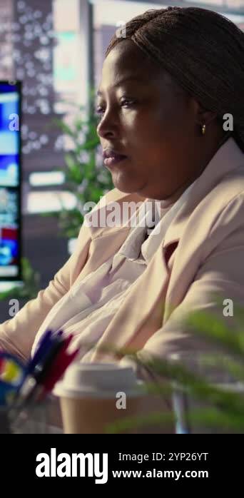 Vertical Video Black businesswoman being exhausted with burnout and ...