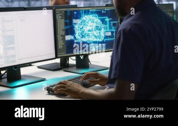 African american worker in data center implements advanced AI driven predictive maintenance ...