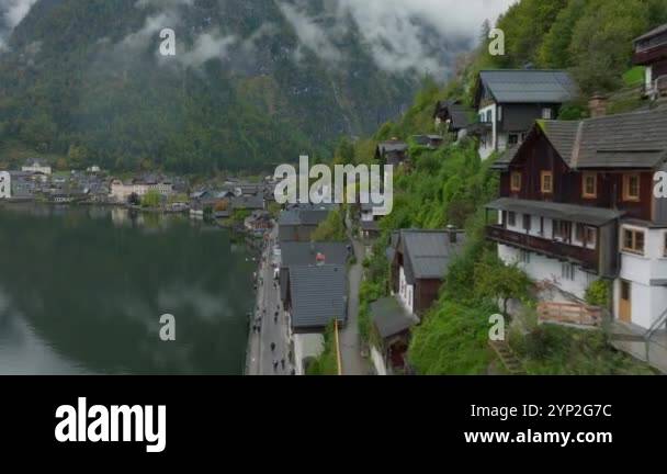 Camera moving forward over Hallstatt, Austria, reveals picturesque ...