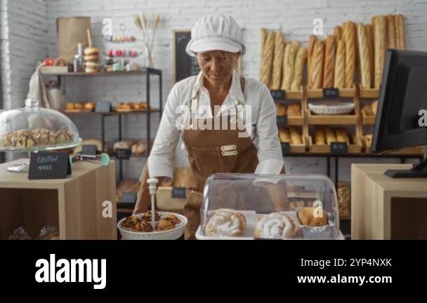 Hispanic woman working in bakery shop standing behind counter with ...