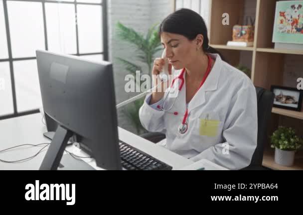 Female doctor working and talking on the phone in a clinic office, wearing a white lab coat with ...
