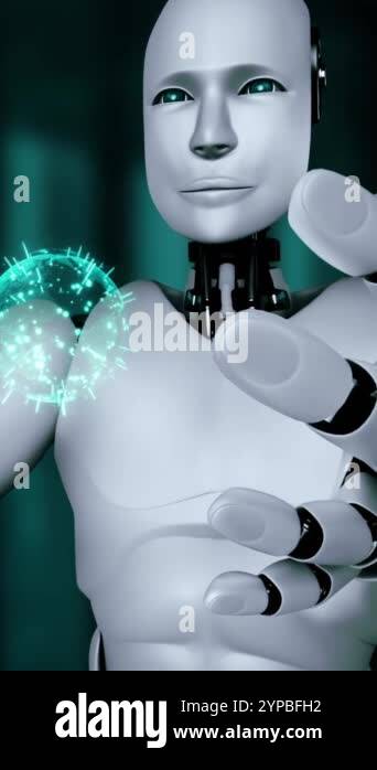 AI hominoid robot holding virtual hologram screen showing concept of big data analytic using ...