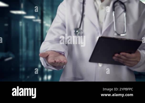 Close up of skilled doctor holding tablet and holding human anatomy ...