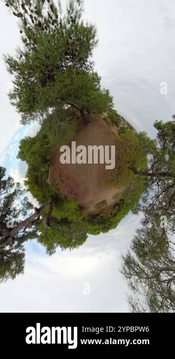 Vertical video. A circular rotation effect captures a tiny planet view ...