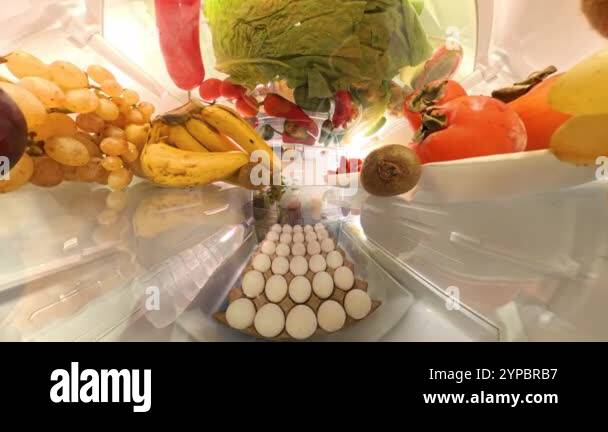A zoomed-in wide-angle close-up view inside a refrigerator showcases an array of fresh fruits ...