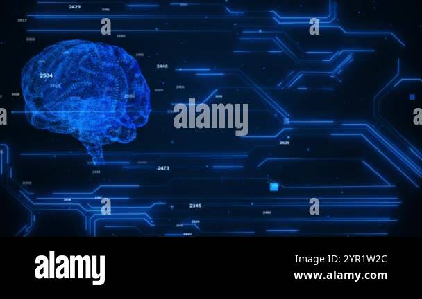 Cyberspace artificial intelligence network hologram AI Cpu and print circuit details with binary ...