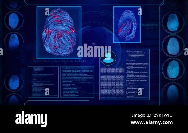 futuristic Biometric fingerprint scan with digital blueprint interface concept of security ...