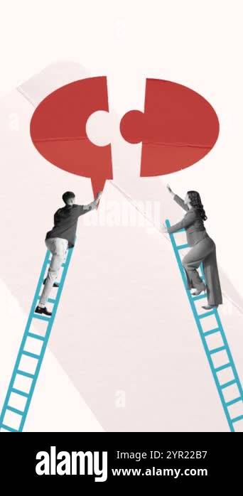Two colleagues climbing ladders to piece together speech bubble ...