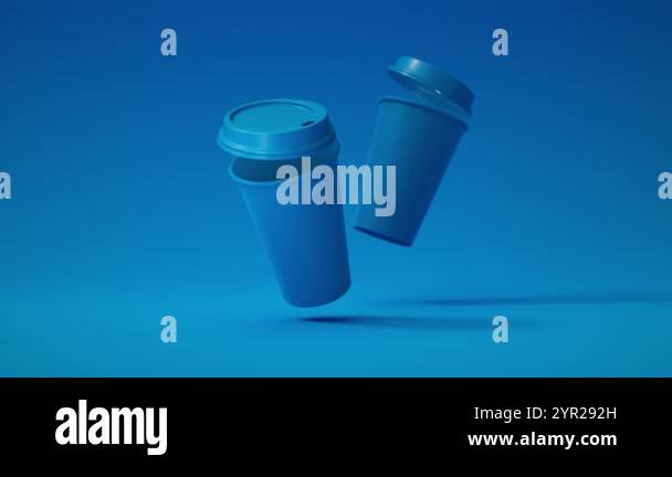 Two Minimalist Blue Blank Paper Coffee Cup floating above blue ...