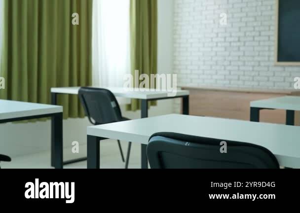 College class with equipment and furniture. Empty bright school ...