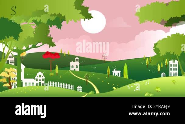 Spring season landscape. Moving banner with hills and trees. Beautiful ...