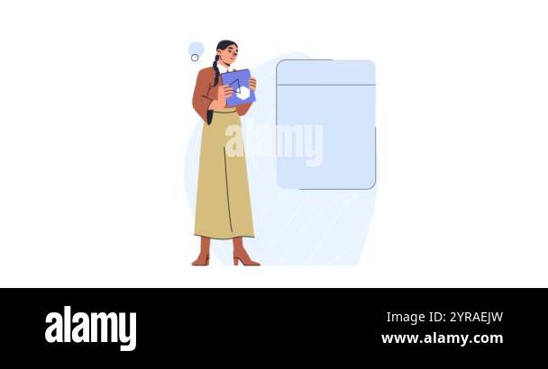 Remote work benefits. Moving banner with woman with portfolio. Young ...