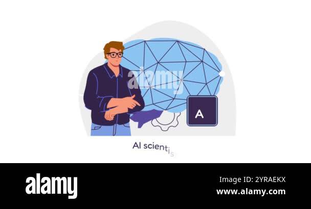 Man ai scientist. Moving banner with young guy with neural network ...