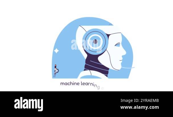 Woman ai scientist. Moving banner with young girl near cyborg ...