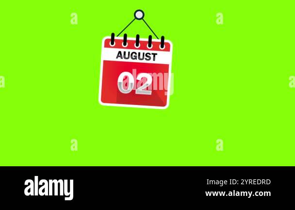 August 02 Calendar Sign on green screen background, chroma key ...