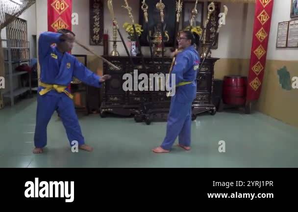 traditional Vietnamese Martial Art Vovinam artists practicing stick ...