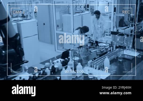 High-angle wide CCTV camera footage of male zombie scientist in filthy ...