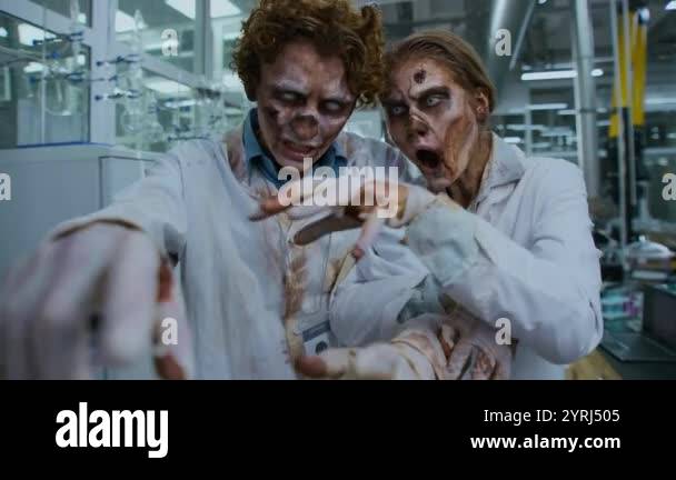 Medium closeup portrait of mindless Caucasian male, female zombie ...