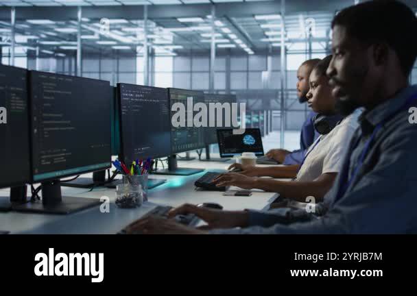 Admin in data center drinking coffee and implementing AI predictive maintenance systems. Server ...