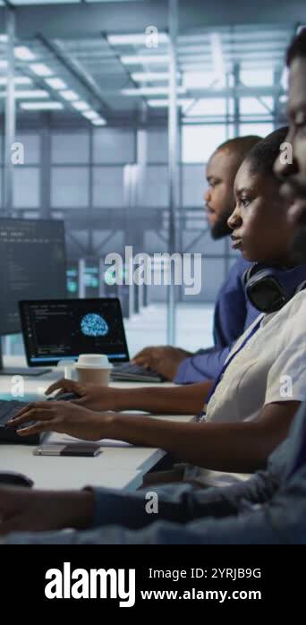Vertical video Admin in data center drinking coffee and implementing AI predictive maintenance ...