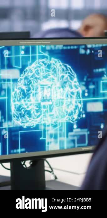 Vertical video Machine learning expert in AI server room developing disaster recovery plans ...