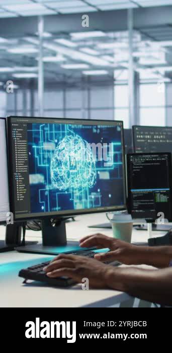Vertical video Machine learning expert in AI server room developing disaster recovery plans ...