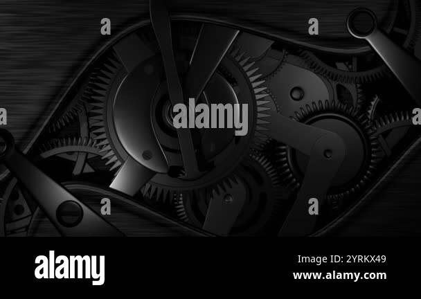 Dark mechanical clock face with spinning gear and second hand creating ...