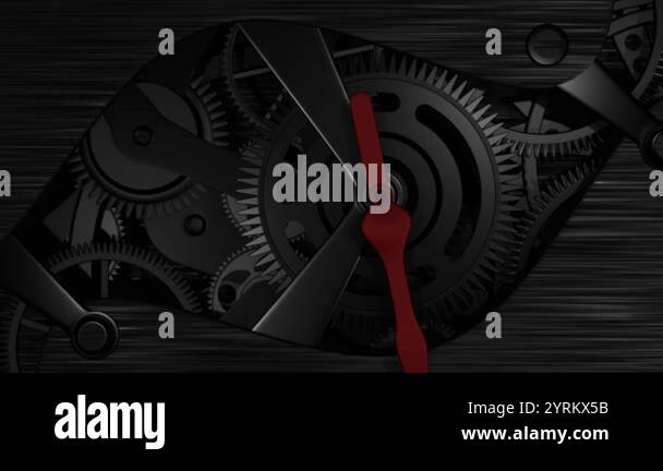 Mechanical clock face with spinning gears and rotating second hand in a ...