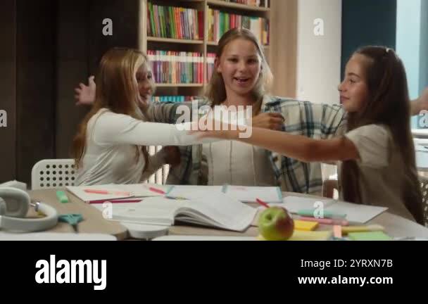 Three girls friends female classmates pupils students teenagers ...