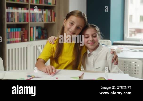 Happy little girls pretty schoolgirls pupils school students friends ...