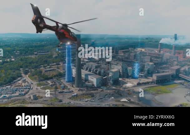 A helicopter circling the industrial area. A helicopter flying over a ...