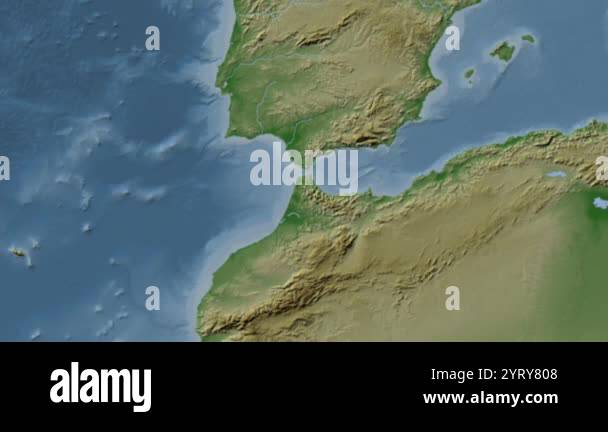 Strait of Gibraltar. Location diagram on a pale colored elevation map ...