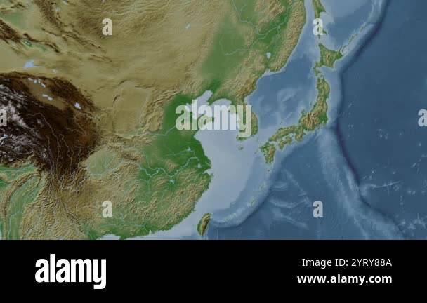 Yellow Sea. Location diagram on a pale colored elevation map in the ...