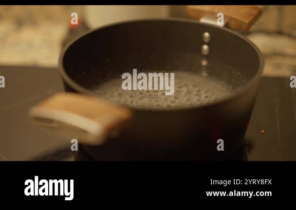 A pot filled with water is boiling away on an induction stove, with ...