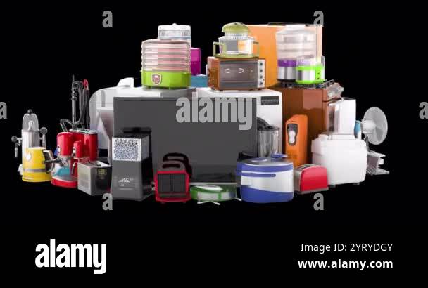 Colored household and kitchen appliances, rotation animation ...