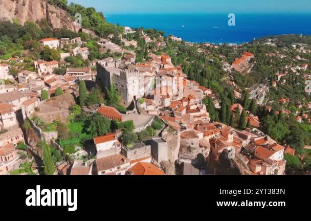 Aerial view of the picturesque medieval village of Roquebrune-Cap ...