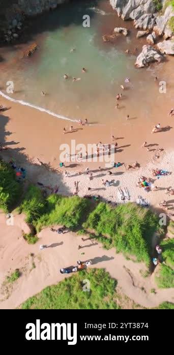 Gulpiyuri beach in Asturias, northern Spain. Aerial view of the unique ...