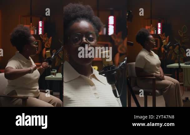 Split screen of young energetic Black female radio host starting ...